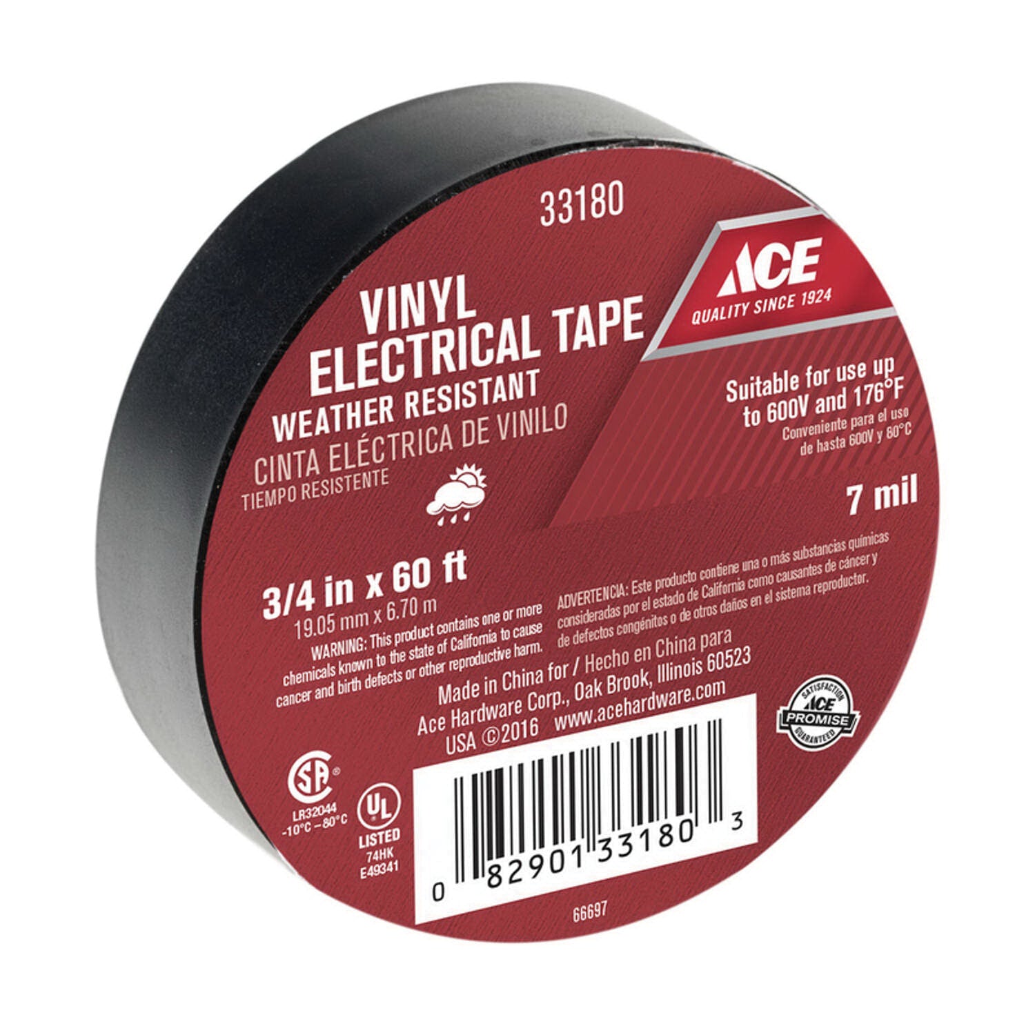 ACE® 299008 Electrical Tape, 7 mil Thick, 3/4 in W, 60 ft L, Black, Vi – Jackson's Hardware